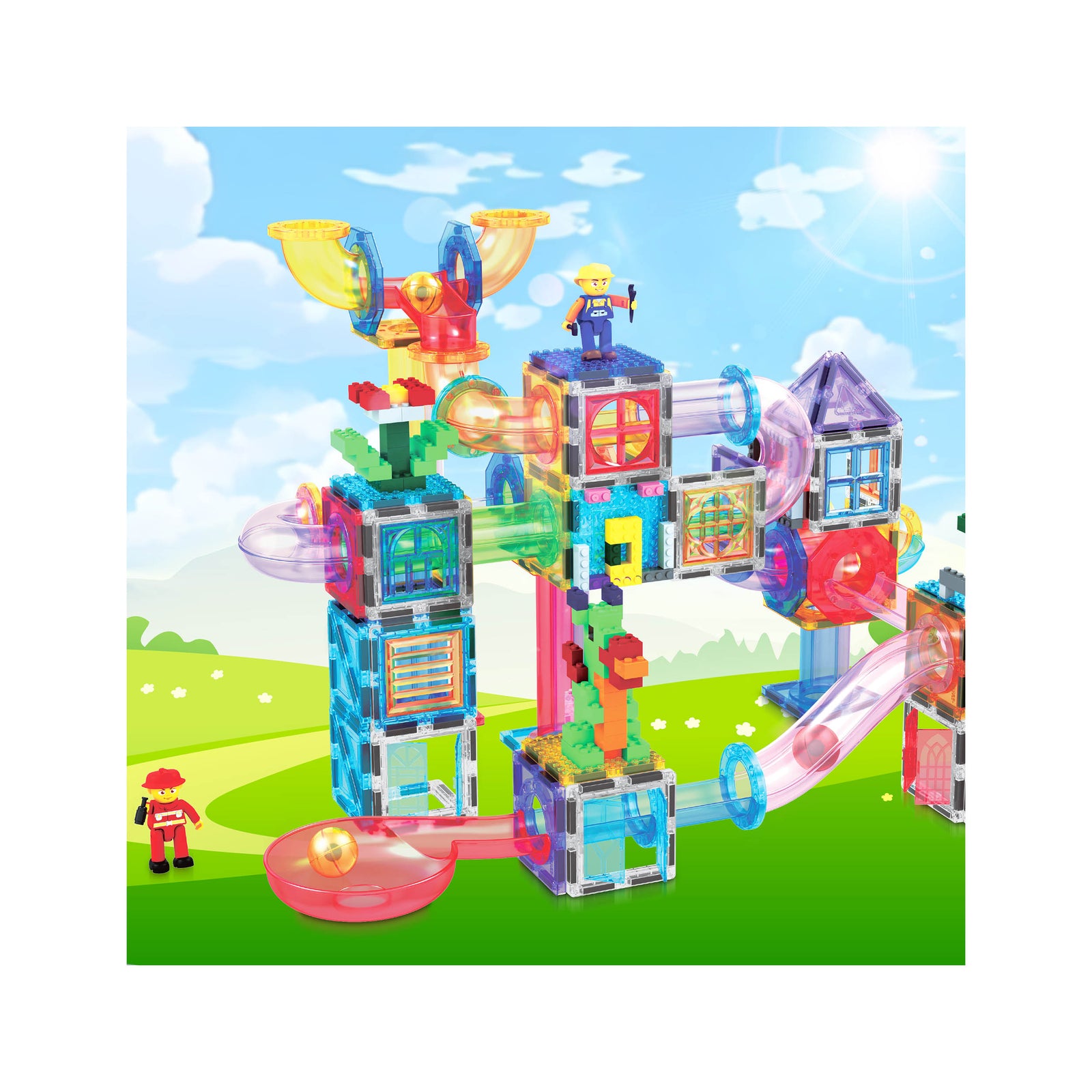 PicassoTiles 3-in-1 Marble Run, Magnetic Tiles, and Interlocking Brick ...