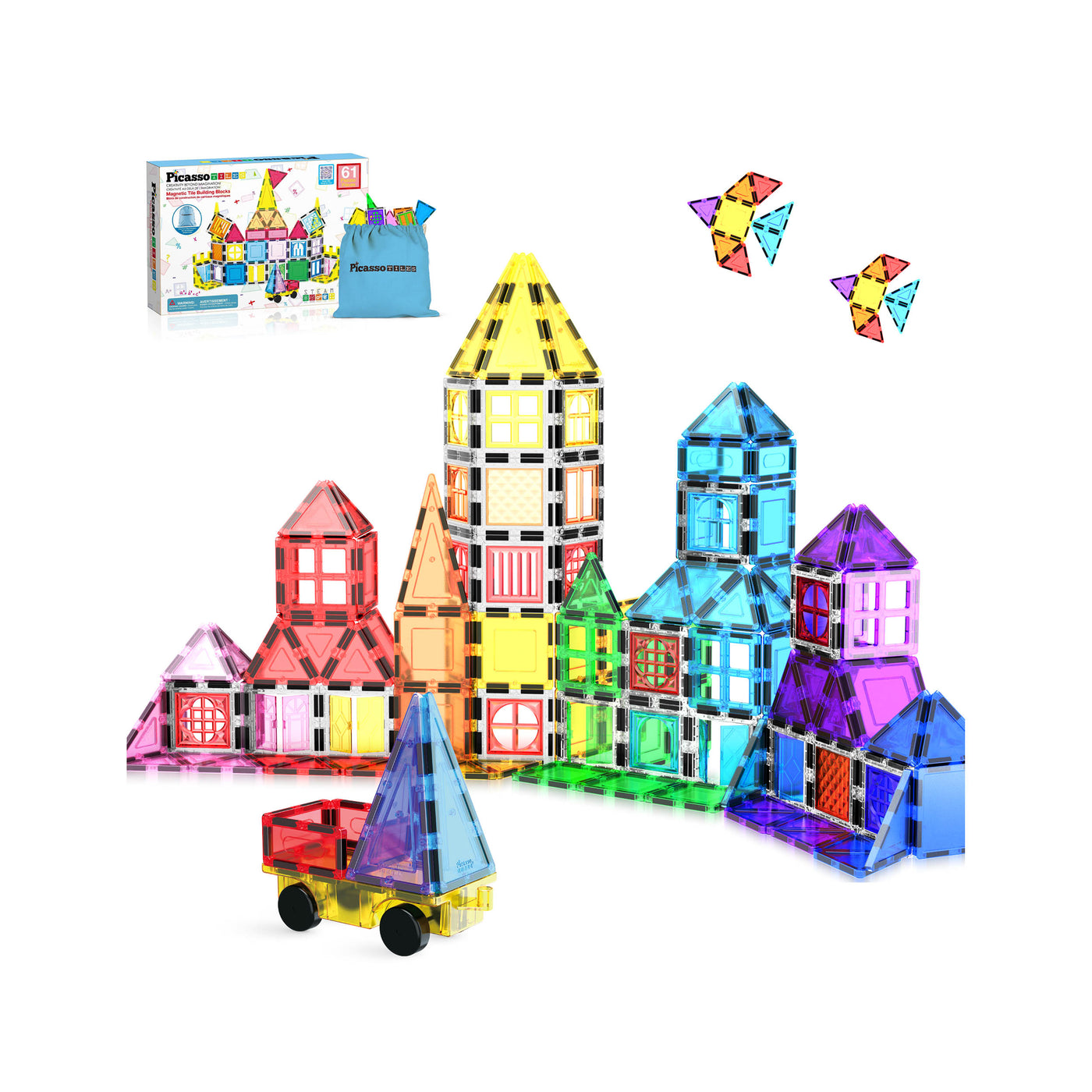PicassoTiles Magnetic Tiles Building Set with Windows and Doors - 61 P ...