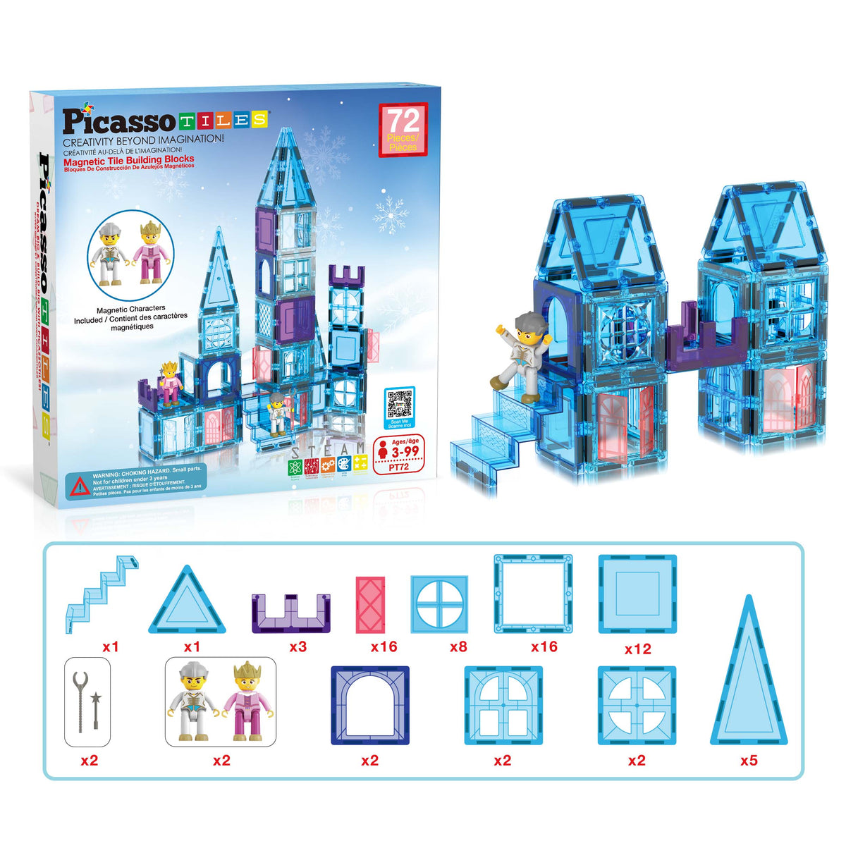 PicassoTiles 72pc Magnetic Tiles Winter Ice Castle Set · PicassoTiles