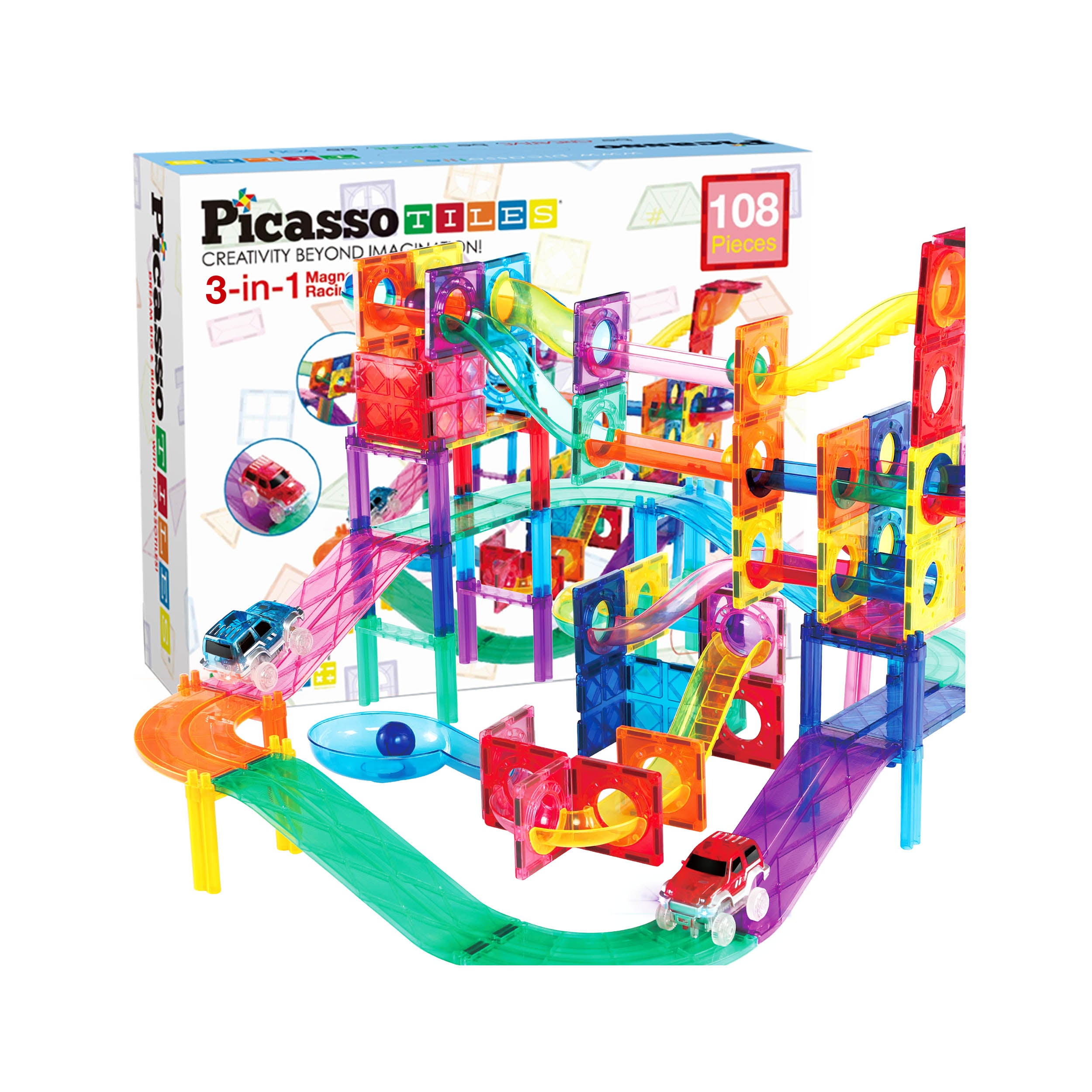 PicassoTiles 3-in-1 Magnetic Tile, Marble Run, and Racing Track ...