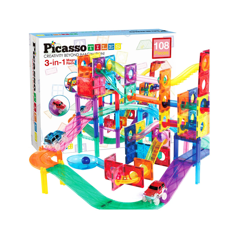 PicassoTiles 3-in-1 Magnetic Tile, Marble Run, and Racing Track ...