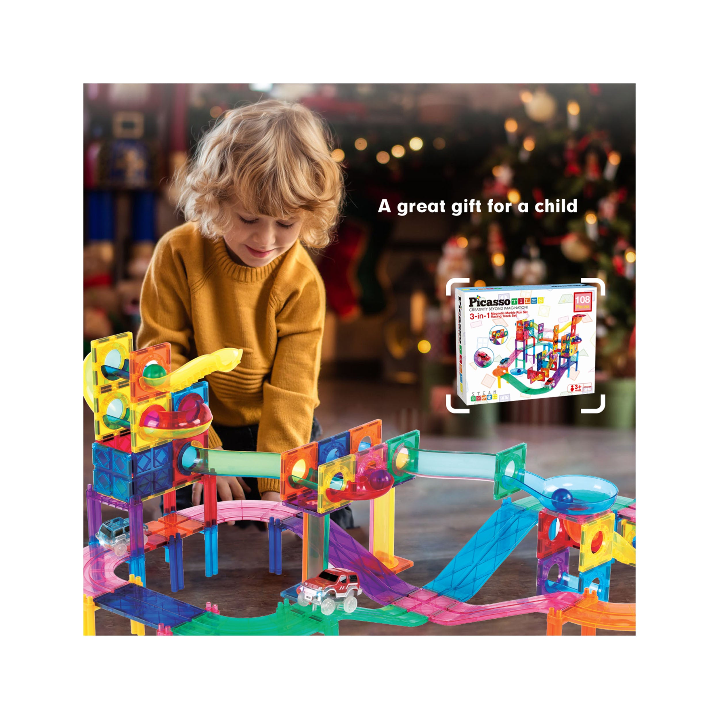 PicassoTiles 3-in-1 Magnetic Tile, Marble Run, and Racing Track ...