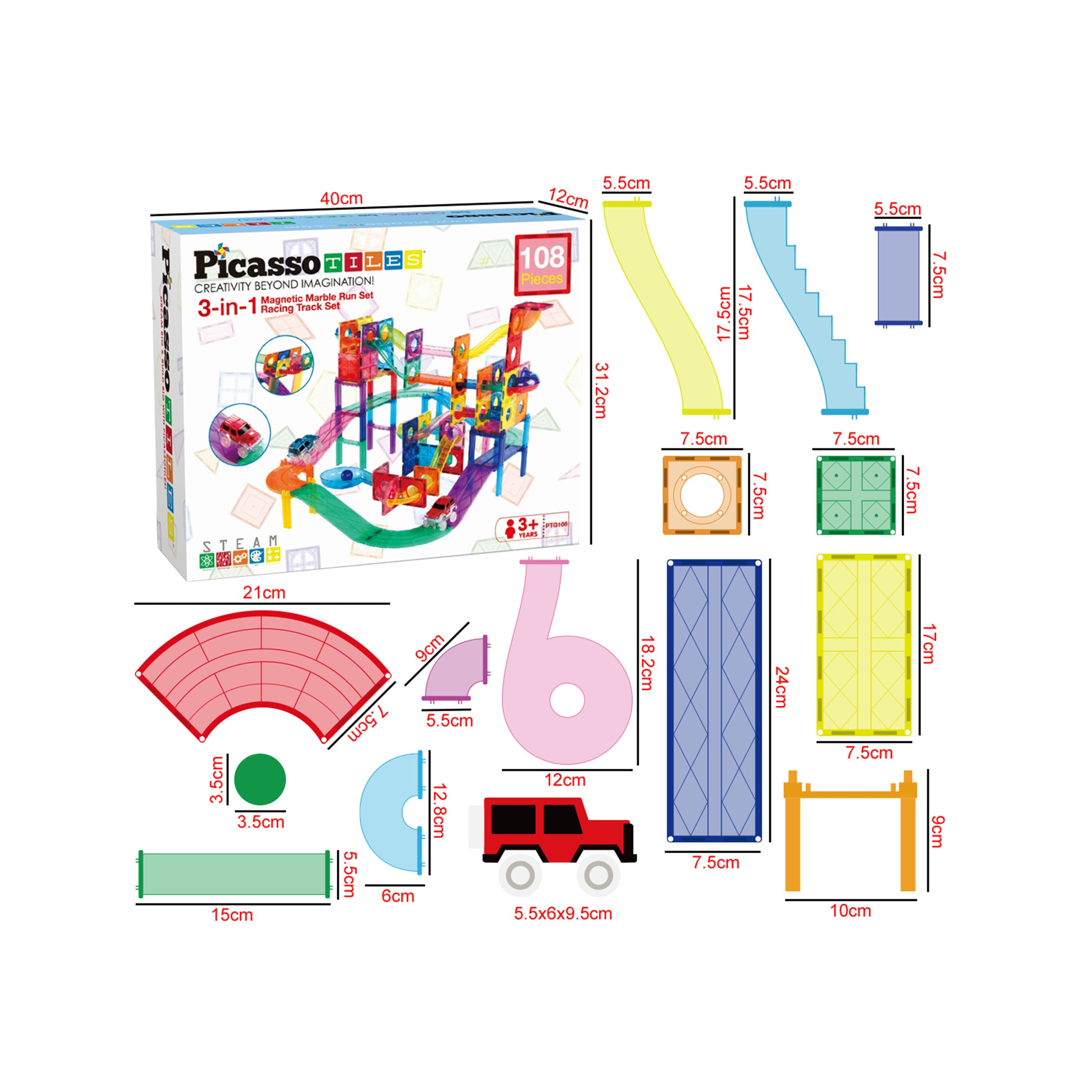 PicassoTiles 3-in-1 Magnetic Tile, Marble Run, and Racing Track ...