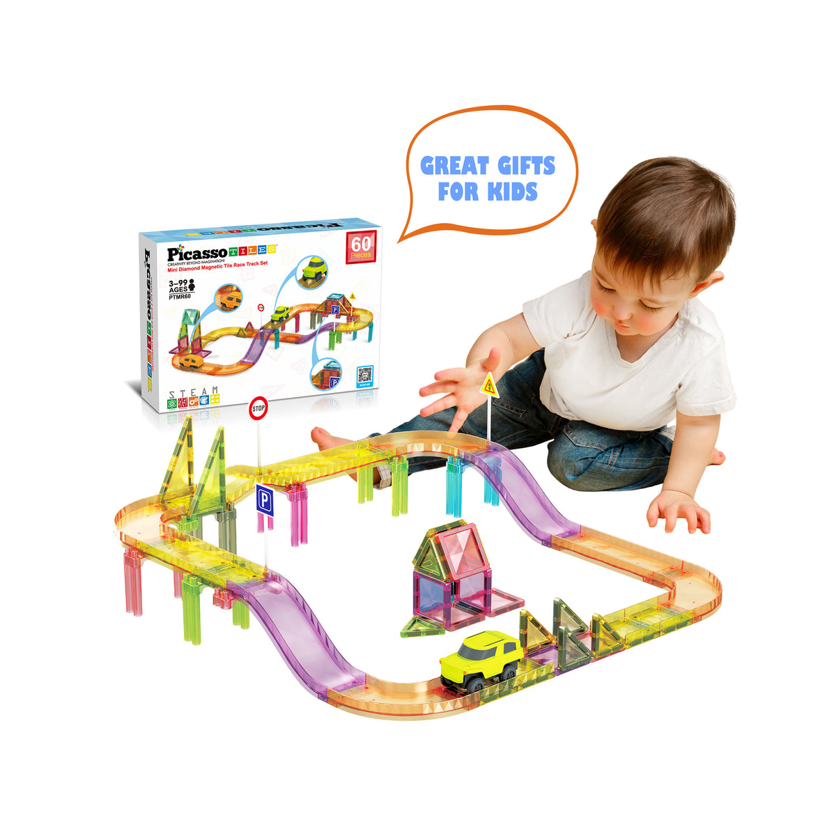 PicassoTiles 60pc Mini Magnetic Tile Race Track Set · PicassoTiles