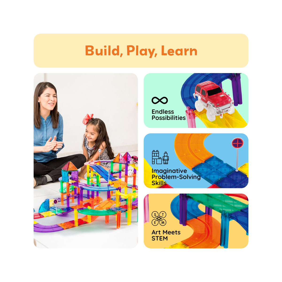 PicassoTiles Magnetic Tiles Race Track Set with LED Cars · PicassoTiles