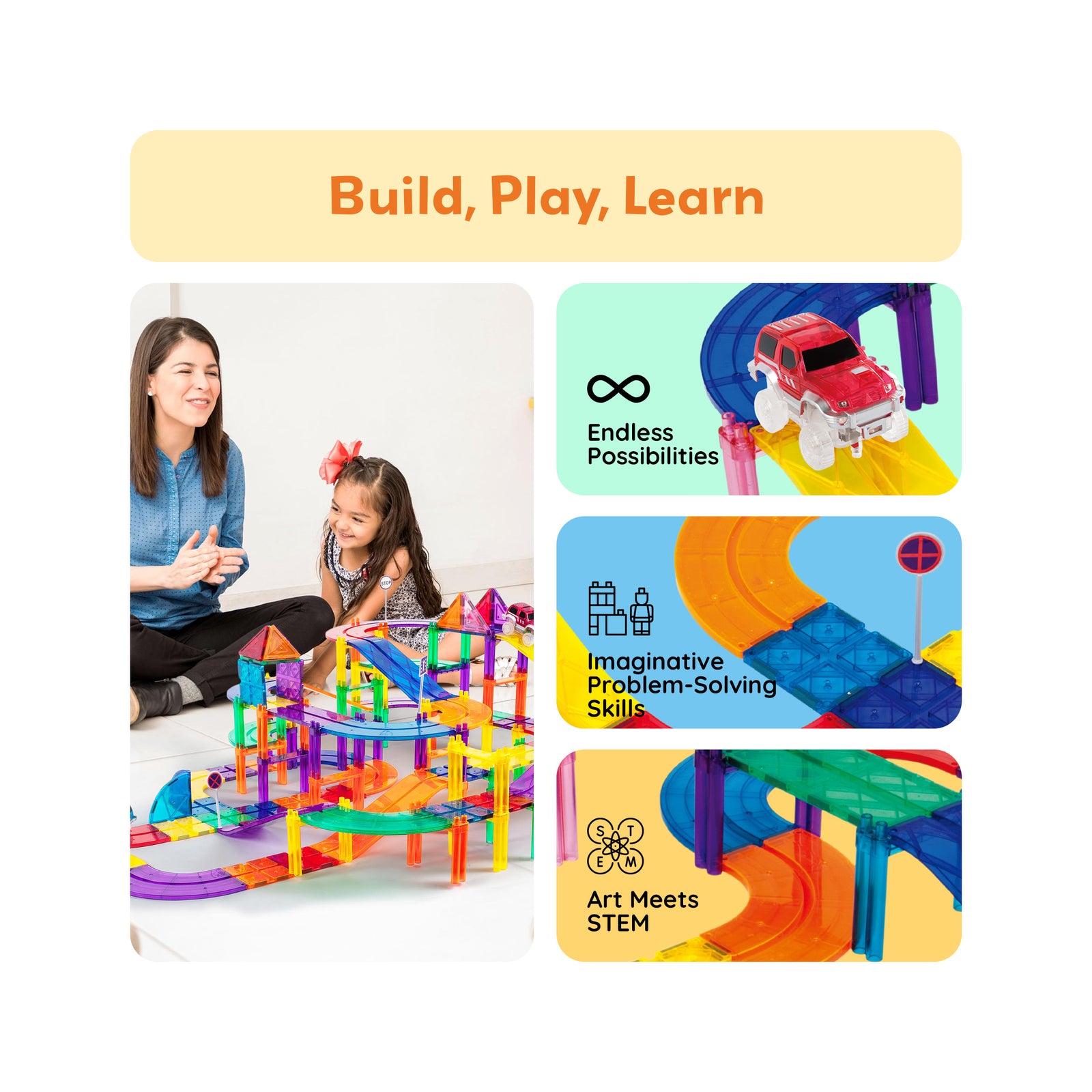 PicassoTiles Magnetic Tiles Race Track Set with LED Cars · PicassoTiles