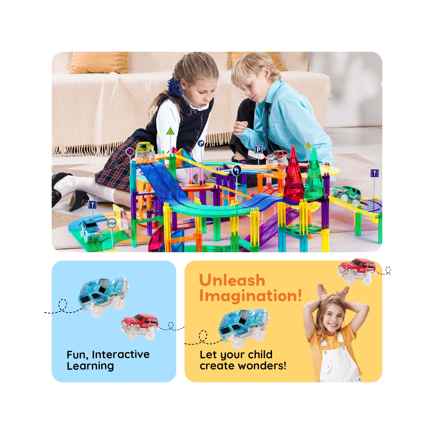 PicassoTiles Magnetic Tiles Race Track Set with LED Cars · PicassoTiles