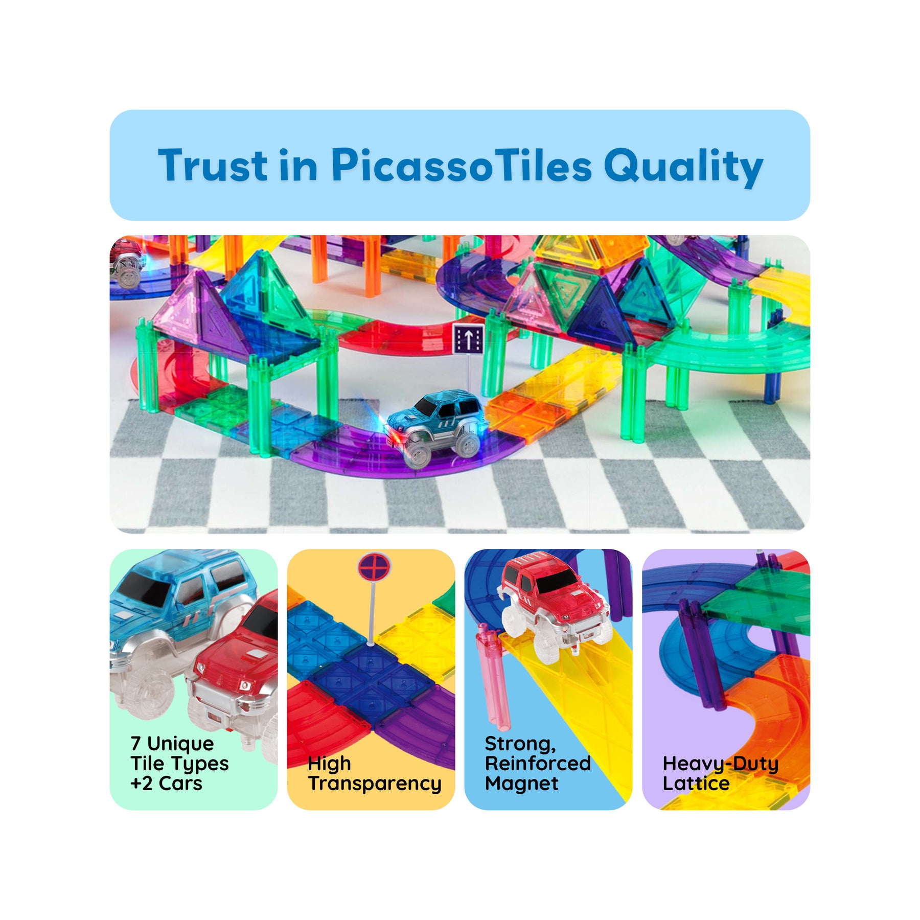 PicassoTiles Magnetic Tiles Race Track Set with LED Cars · PicassoTiles