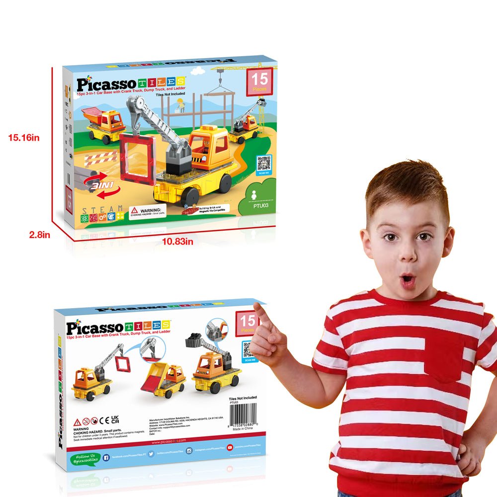 PicassoTiles Magnetic Tile 3-in-1 Construction Vehicle Set with Action ...
