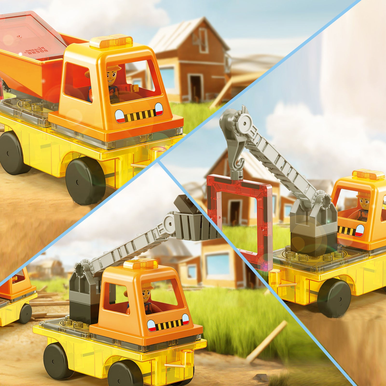 PicassoTiles Magnetic Tile 3-in-1 Construction Vehicle Set with Action ...