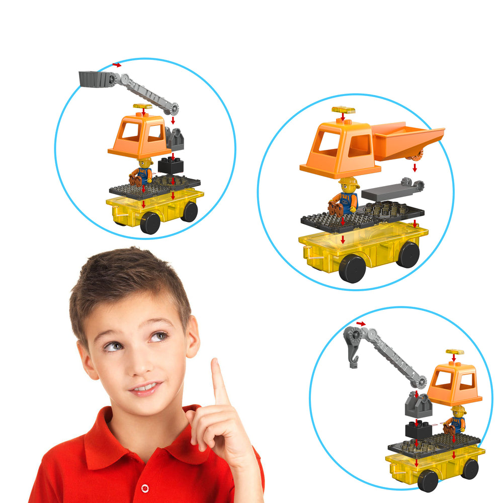 PicassoTiles Magnetic Tile 3-in-1 Construction Vehicle Set with Action ...