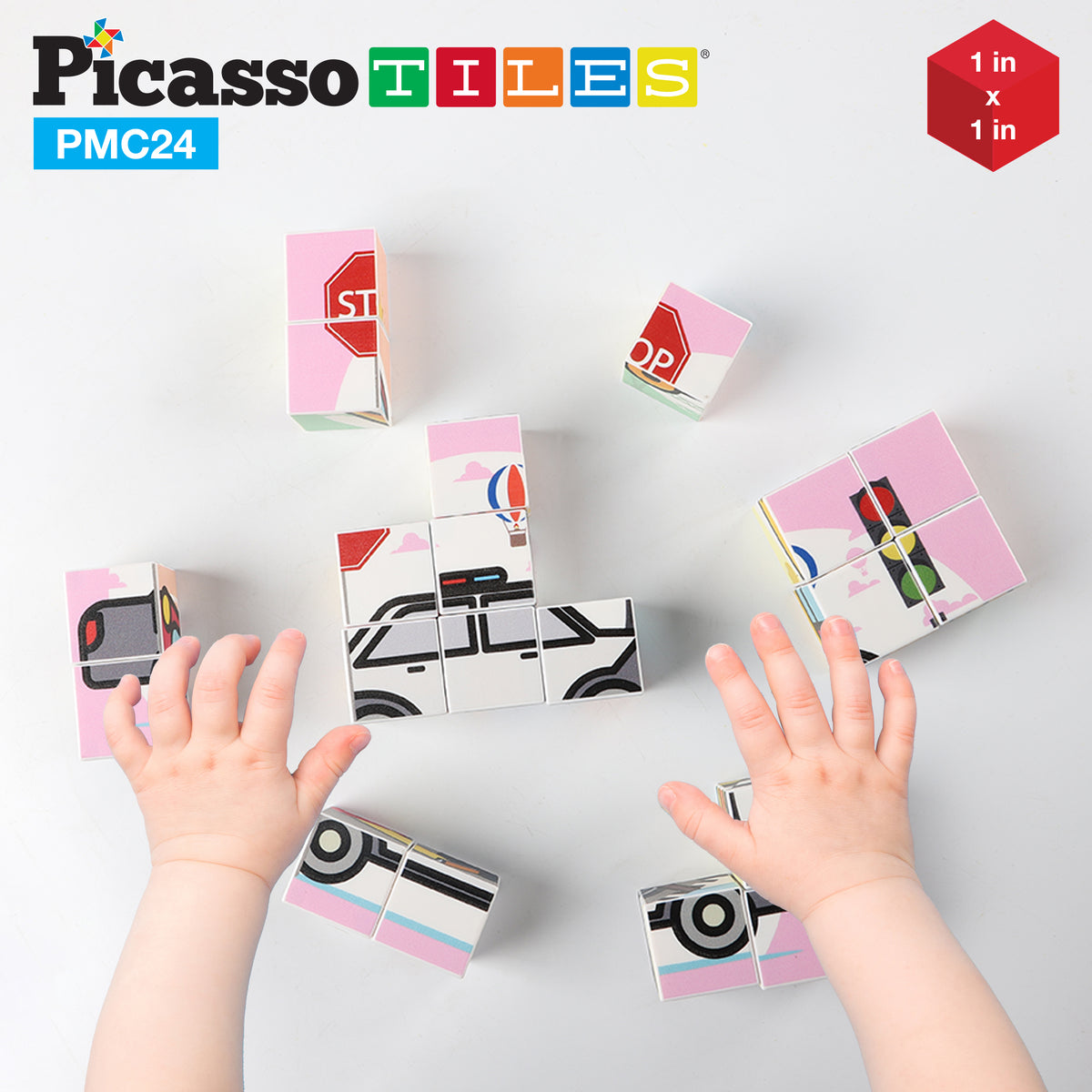 PicassoTiles 1" 20pc Magnetic Cube Puzzle Block Vehicle Set · PicassoTiles