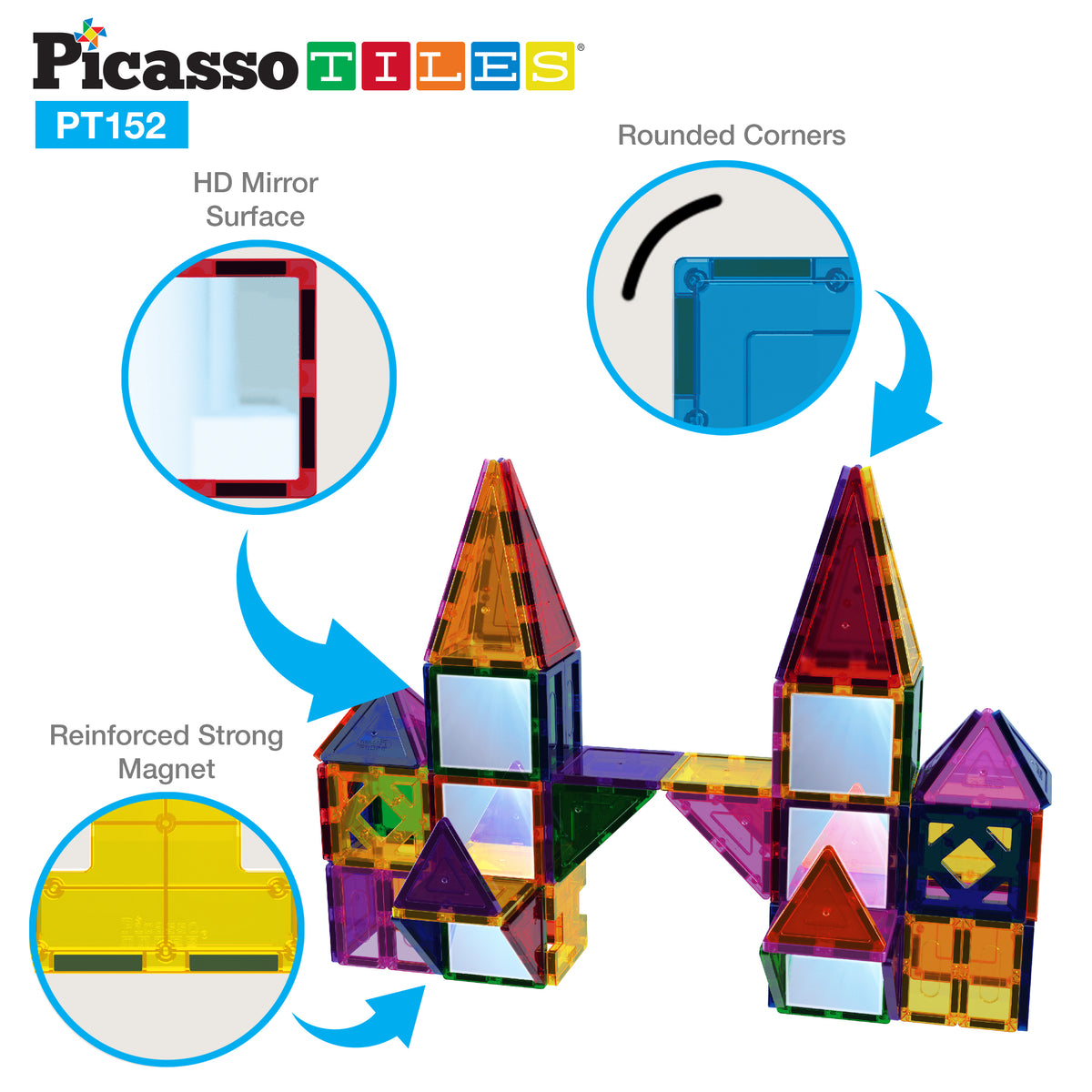 PicassoTiles Magnetic Tile Block Design and Mirror Building Set - 152 ...