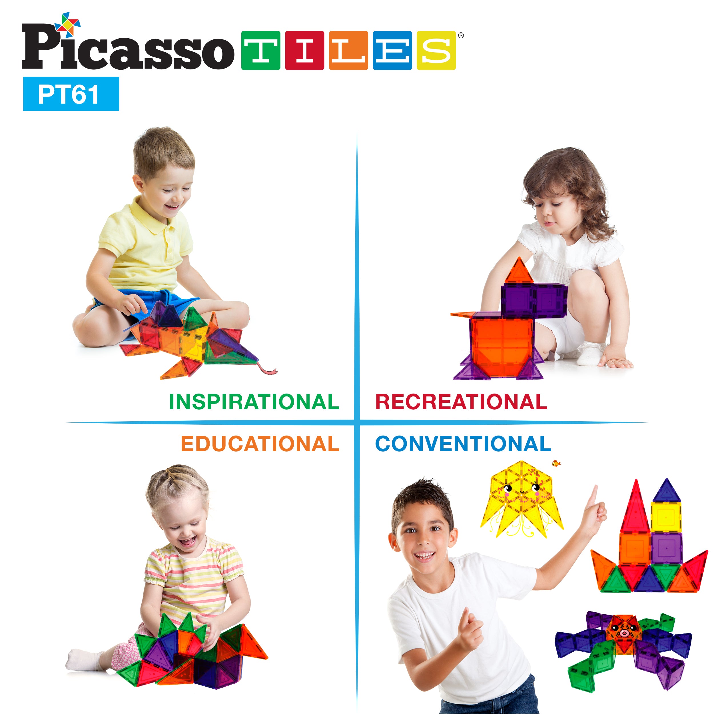 PicassoTiles Magnetic Tile Classic 61pc Building Set · PicassoTiles