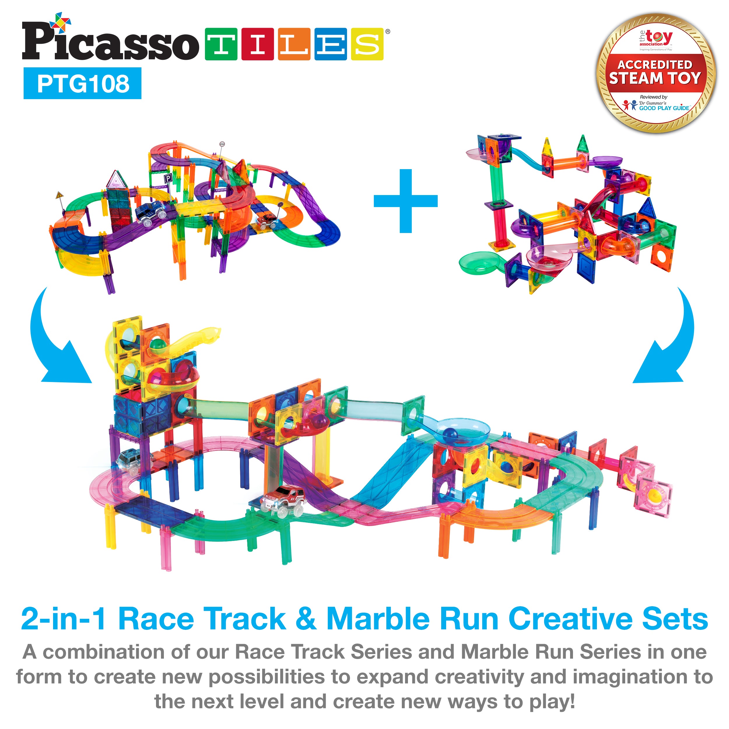 PicassoTiles 108pc Magnetic Tiles Marble Run Race Track Set · PicassoTiles