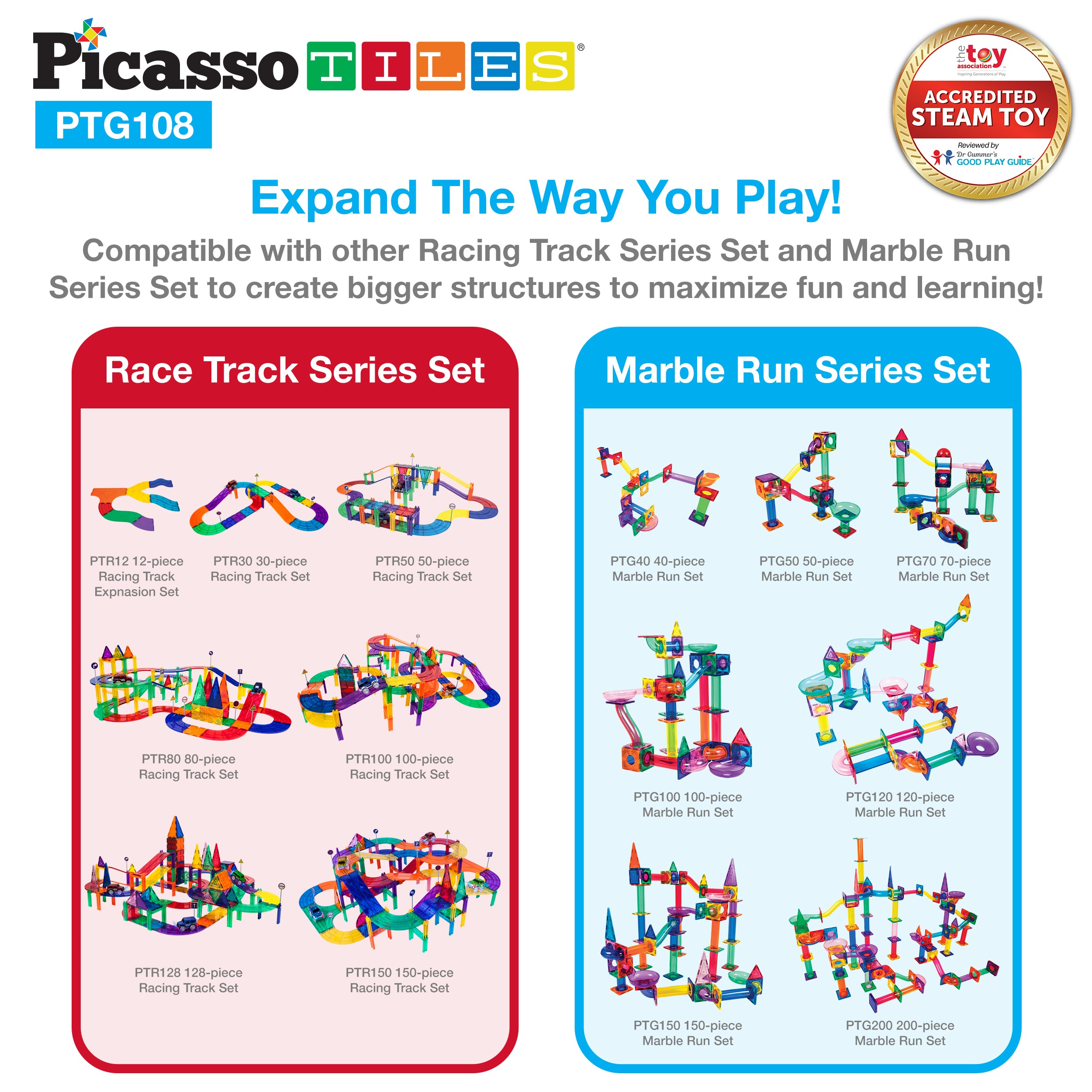 PicassoTiles 108pc Magnetic Tiles Marble Run Race Track Set · PicassoTiles