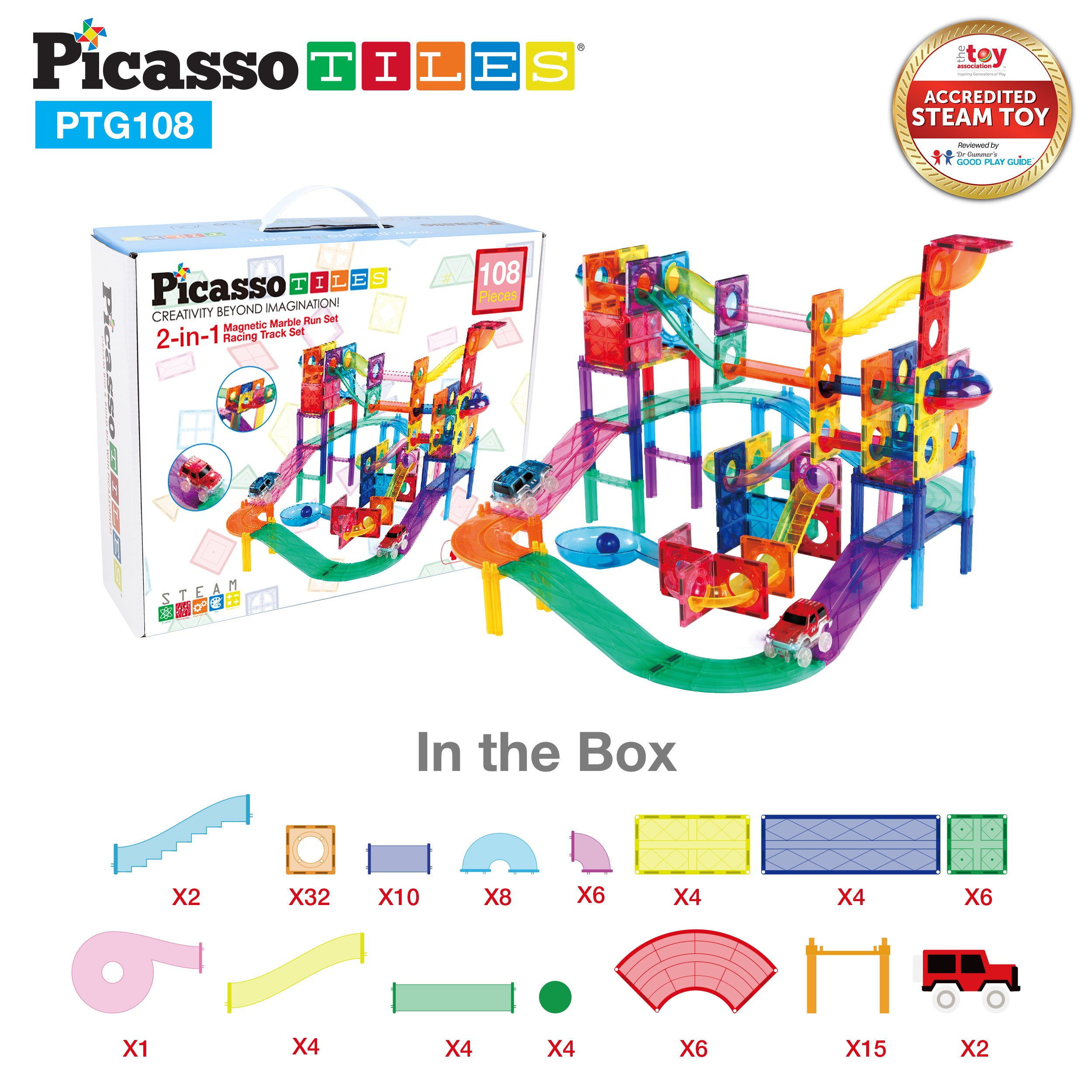 PicassoTiles 108pc Magnetic Tiles Marble Run Race Track Set · PicassoTiles