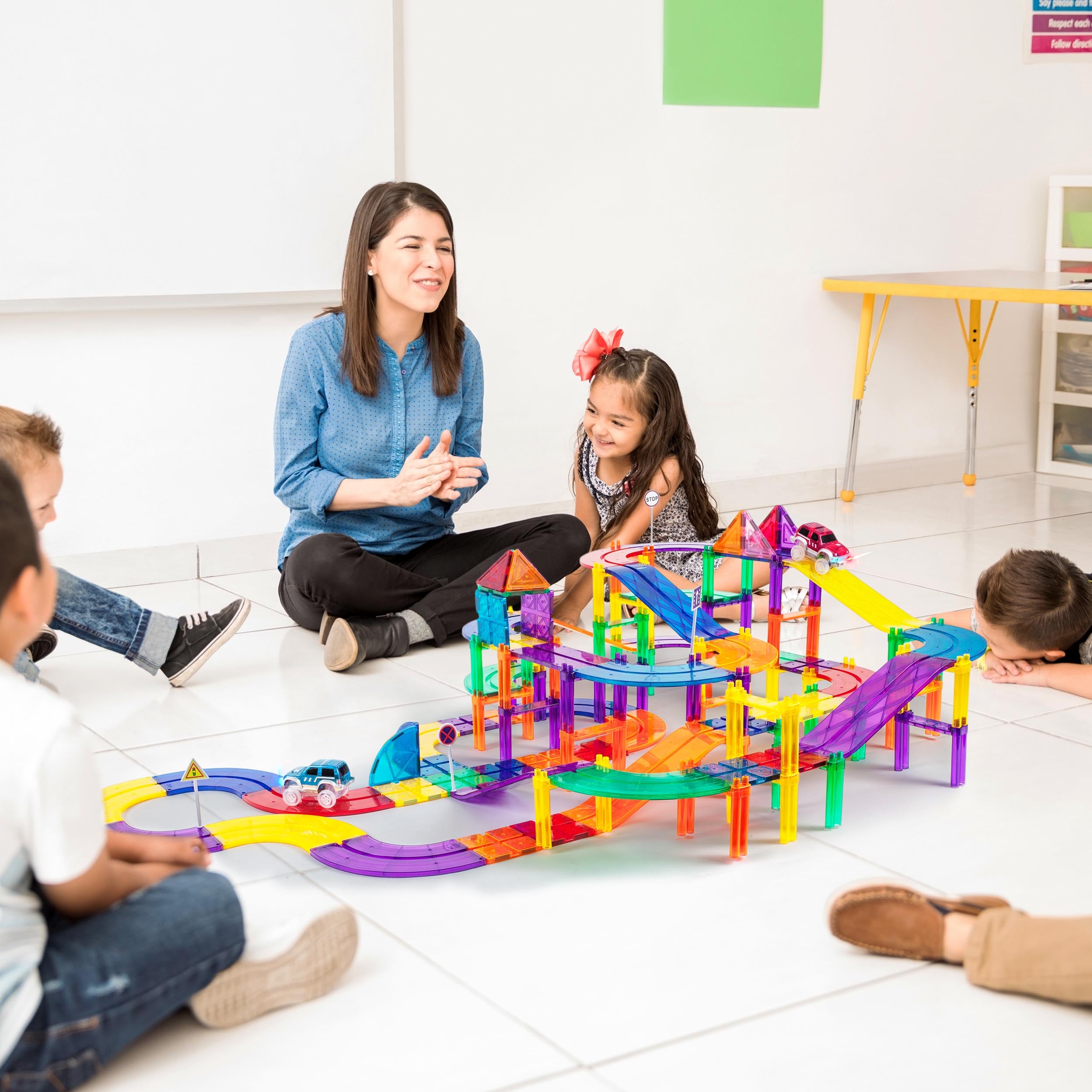 PicassoTiles 100pc Race Track Building Blocks with LED Cars · PicassoTiles