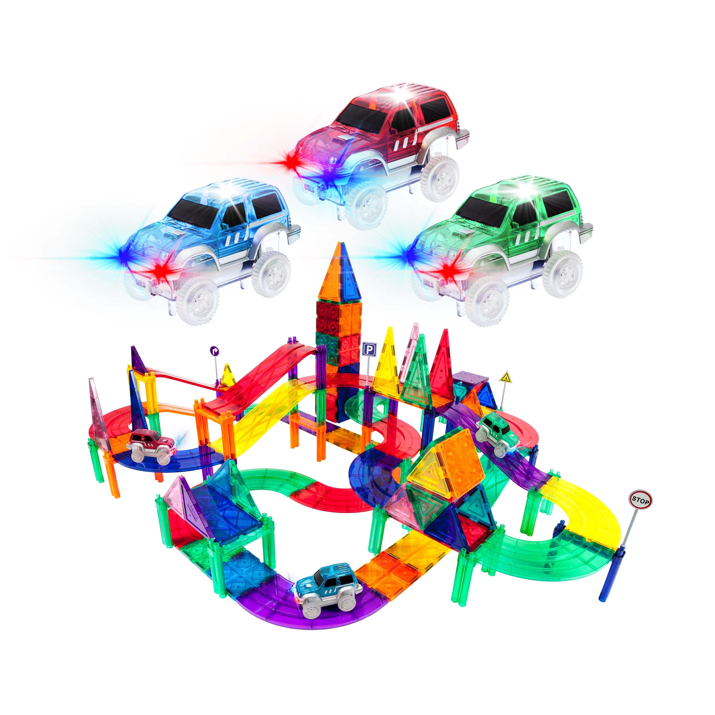 PicassoTiles 128pc Magnetic Tiles LED Car Track Set · PicassoTiles