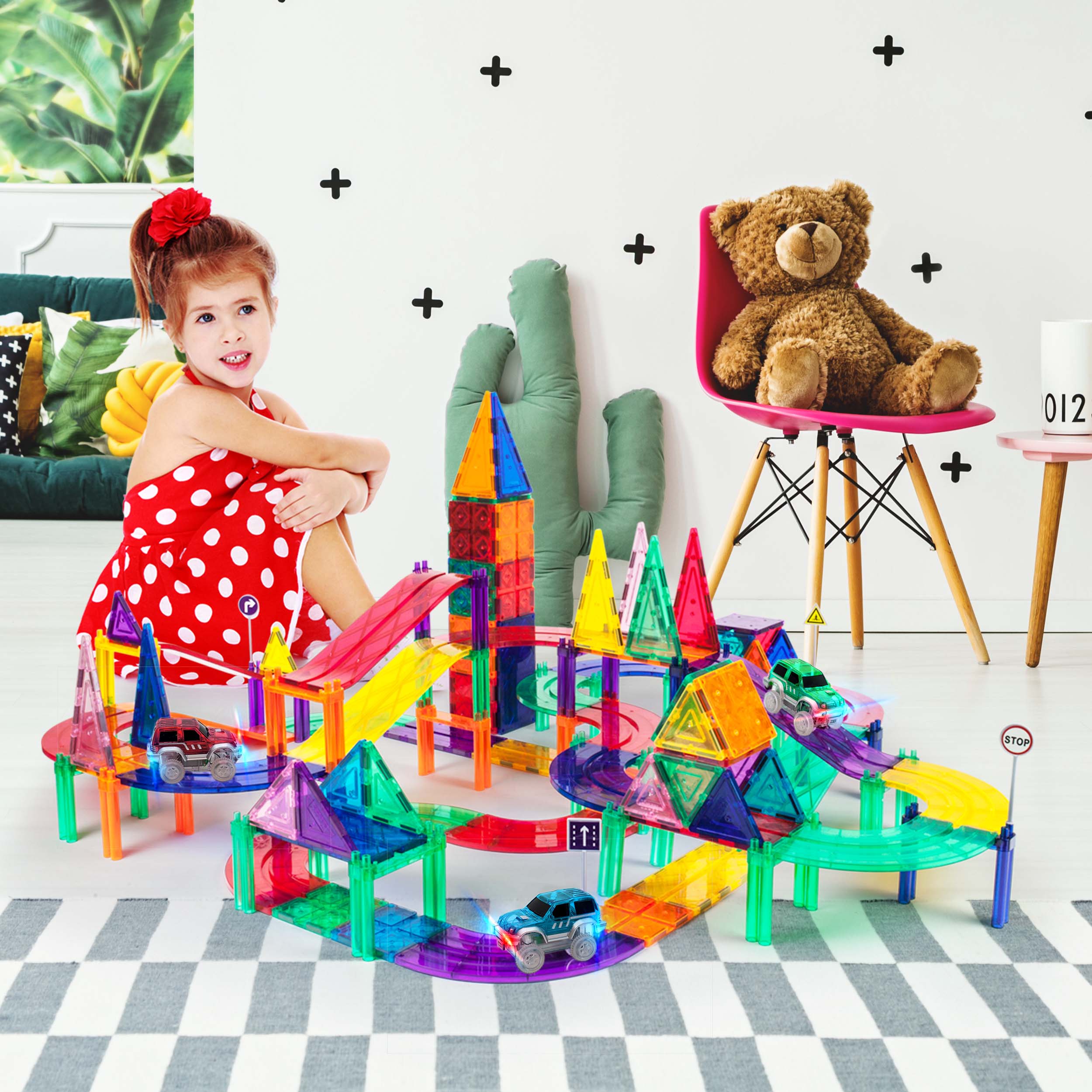 PicassoTiles 128pc Magnetic Tiles LED Car Track Set · PicassoTiles