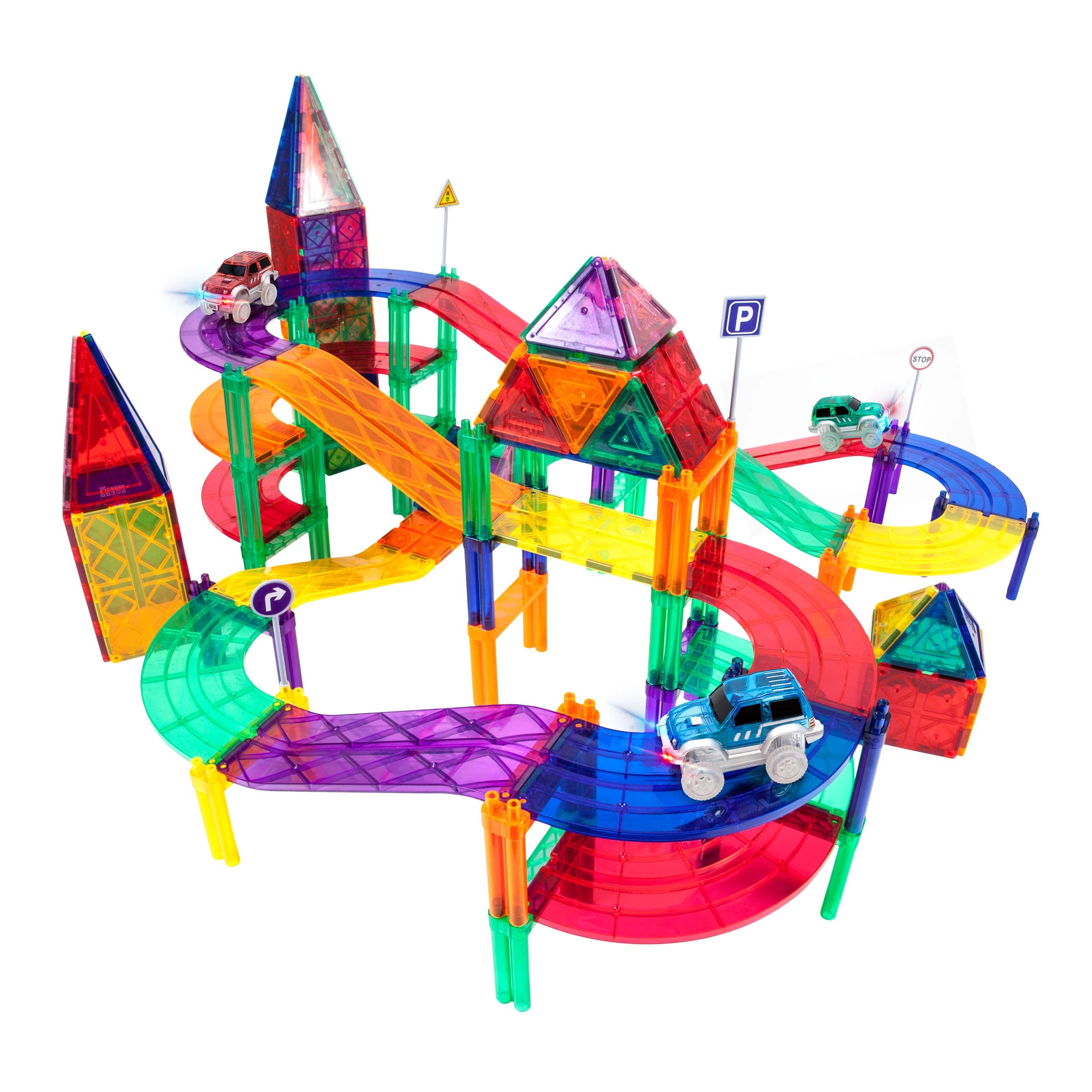 PicassoTiles 128pc Magnetic Tiles LED Car Track Set · PicassoTiles