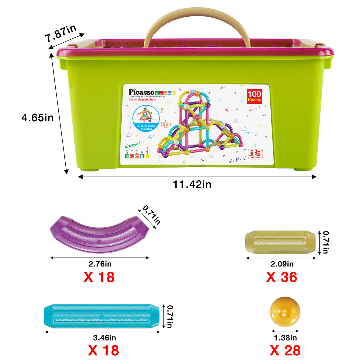 PicassoTiles 100 Piece Magnetic Stick Building Block Construction Set ...