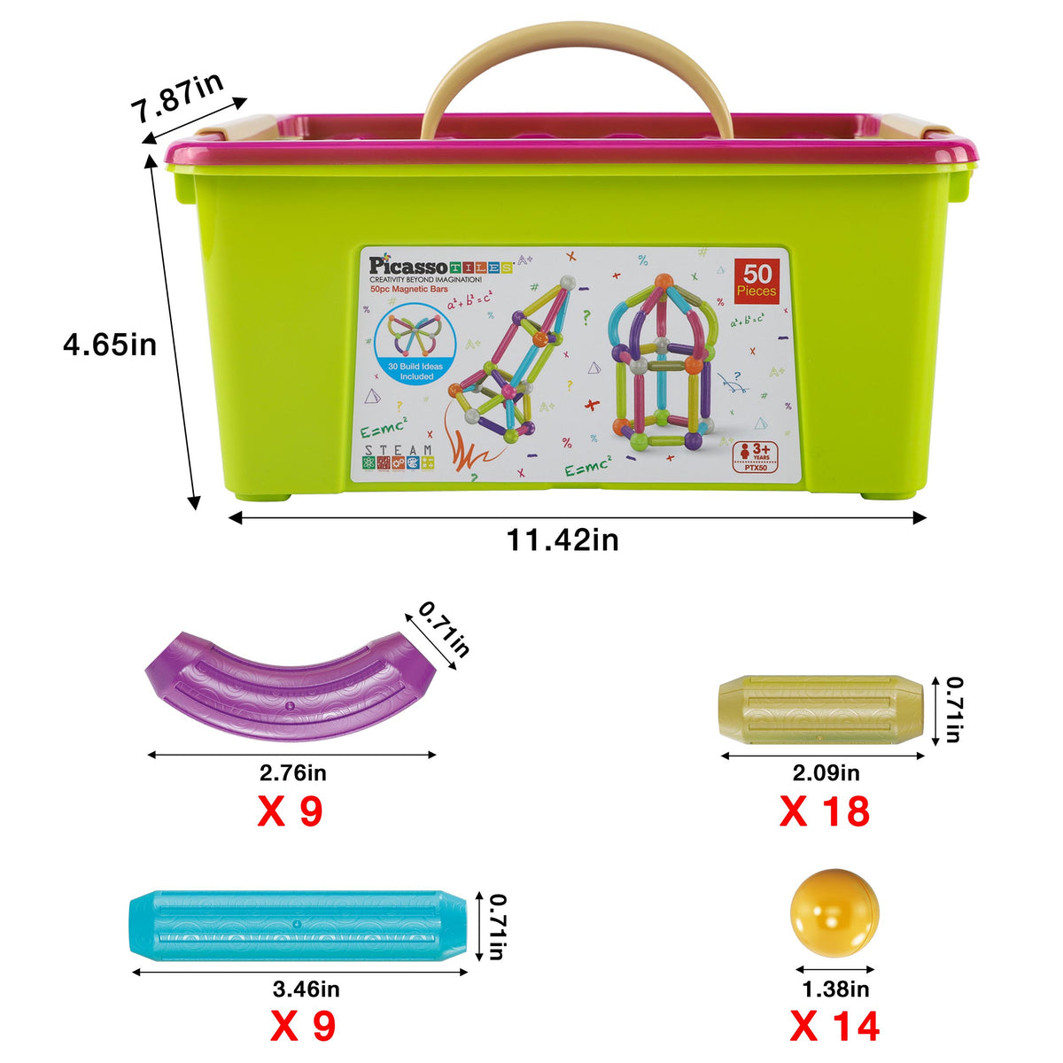 PicassoTiles 50 Piece Magnetic Stick Construction Balls & Rods Set ...